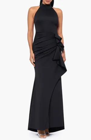 XSCAPE EVENINGS Ruffle Halter Neck Scuba Knit Gown