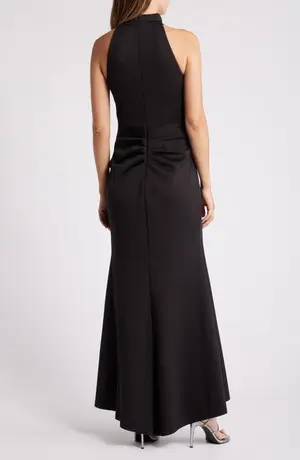 XSCAPE EVENINGS Ruffle Halter Neck Scuba Knit Gown