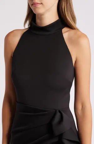 XSCAPE EVENINGS Ruffle Halter Neck Scuba Knit Gown