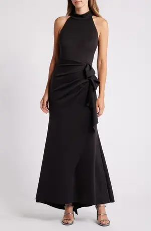 XSCAPE EVENINGS Ruffle Halter Neck Scuba Knit Gown