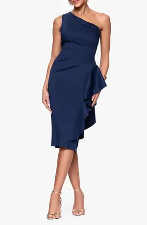 XSCAPE EVENINGS Gathered One-shoulder Cocktail Dress - Midnight