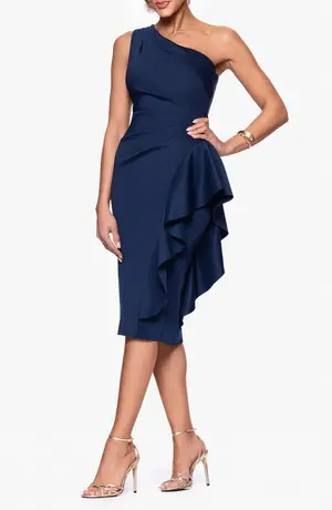 XSCAPE EVENINGS Gathered One-shoulder Cocktail Dress - Midnight
