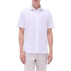 Bugatchi Orson Palm Tree Pattern Solid Short Sleeve Cotton & Linen Button-up Shirt - White