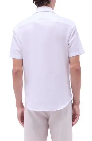 Bugatchi Orson Palm Tree Pattern Solid Short Sleeve Cotton & Linen Button-up Shirt - White