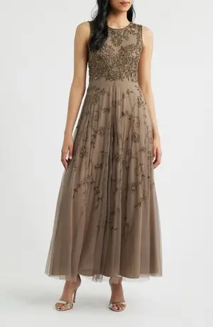 Pisarro Nights Pisarro Nights Embellished Chiffon Cocktail Dress With Jacket Mocha
