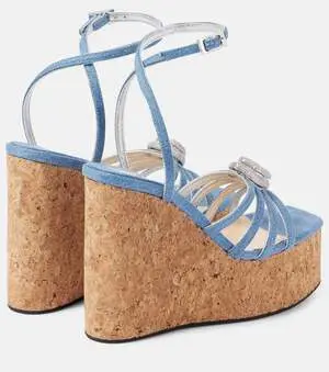 Mach & Mach Double Heart Denim Wedges - Blue