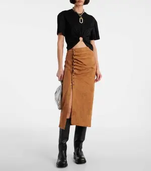 Rabanne Ruched Suede Midi Skirt