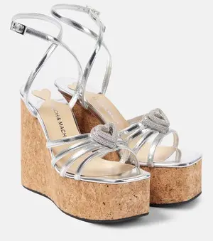 Mach & Mach Double Heart Metallic Leather Wedge Sandals - Silver