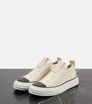 Brunello Cucinelli Suede-trimmed Canvas Sneakers - Beige