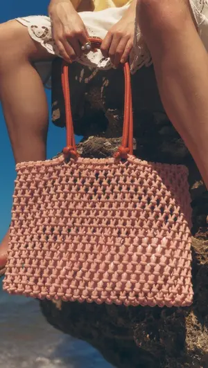Clare V. Sandy Crochet Tote - Blush W/ Bright Poppy Straps
