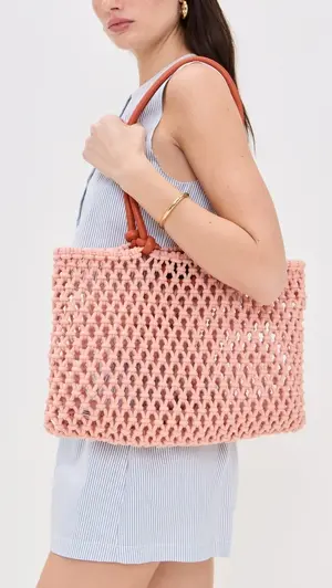 Clare V. Sandy Crochet Tote - Blush W/ Bright Poppy Straps