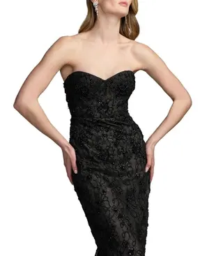 Mac Duggal Beaded Satin Cape Strapless Bustier Gown - Black