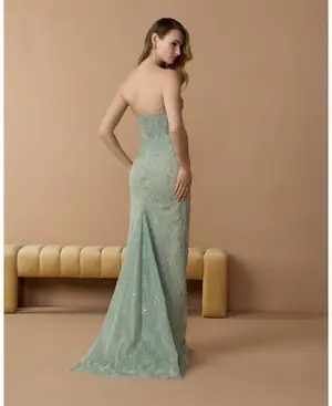 Mac Duggal Beaded Satin Cape Strapless Bustier Gown - Sage