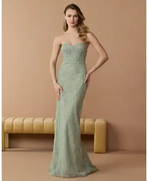 Mac Duggal Beaded Satin Cape Strapless Bustier Gown - Sage