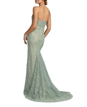 Mac Duggal Beaded Satin Cape Strapless Bustier Gown - Sage