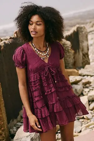 Free People Tiered Ruffle V-Neck Mini Dress With Puffed Sleeves Maroon