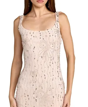Mac Duggal Beaded Mesh Gown With Bows - Blush