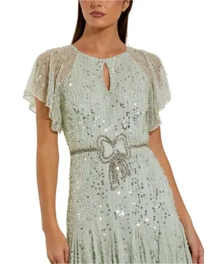 Mac Duggal Beaded Mesh A-line Midi Dress
