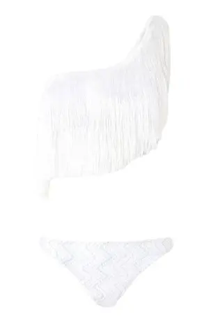 Missoni One-shoulder Zigzag Lamé Viscose Bikini With Fringes - Silver