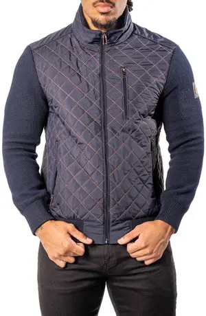 MACEOO Big Diamond Mixed Media Quilted Bomber Jacket