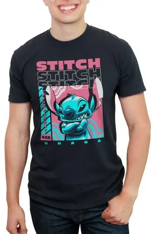 LILO & STITCH Blue And Pink Stitch Poster Short Sleeve Graphic T-shirt - Black