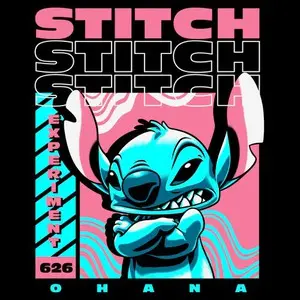 LILO & STITCH Blue And Pink Stitch Poster Short Sleeve Graphic T-shirt