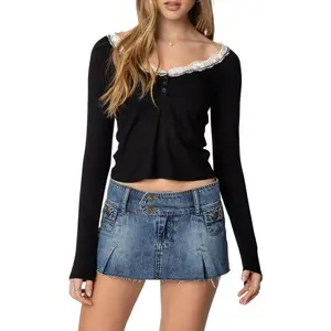 EDIKTED Tracey Crop Lace Trim Rib Henley