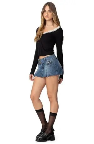 EDIKTED Tracey Crop Lace Trim Rib Henley