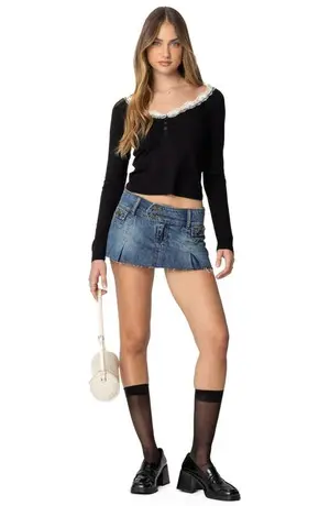 EDIKTED Tracey Crop Lace Trim Rib Henley