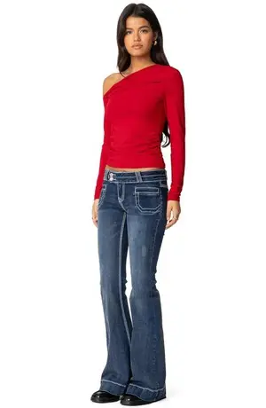 EDIKTED Ronnie Ruched One-shoulder Long Sleeve Top