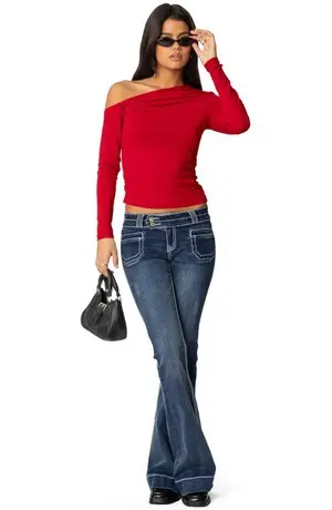 EDIKTED Ronnie Ruched One-shoulder Long Sleeve Top
