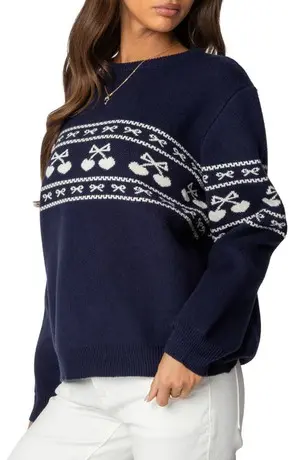 EDIKTED Hearts And Bows Fair Isle Crewneck Sweater