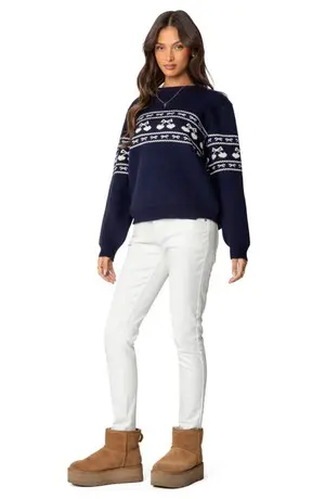 EDIKTED Hearts And Bows Fair Isle Crewneck Sweater