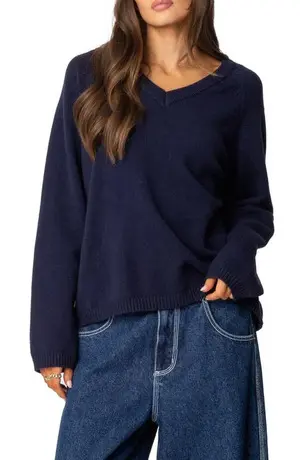 EDIKTED Martha V-neck Sweater - Navy