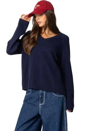 EDIKTED Martha V-neck Sweater - Navy