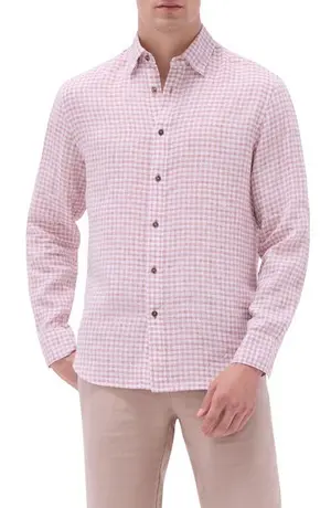 Bugatchi Julian Check Slub Linen Button-up Shirt - Brick