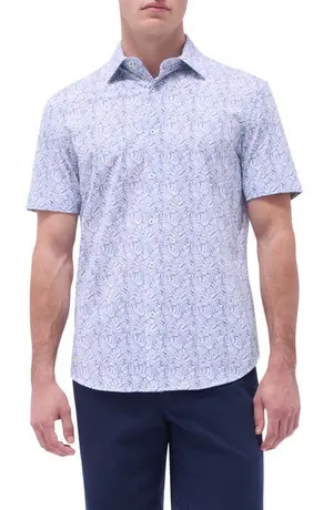 Bugatchi Miles Ooohcotton® Leaf Print Short Sleeve Button-up Shirt Navy