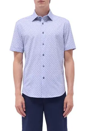 Bugatchi Miles Ooohcotton® Motorcycle Print Short Sleeve Button-up Shirt - Peacock