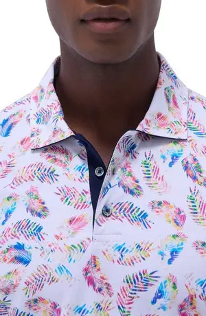 Bugatchi Hendrix Digital Leaf Print Pima Cotton Polo - White