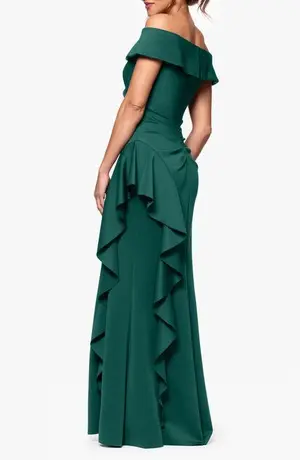 XSCAPE EVENINGS Ruffle Off-the-shoulder Scuba Knit Gown - Hunter