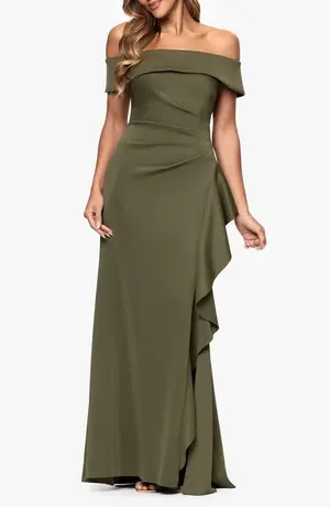 XSCAPE EVENINGS Ruffle Off-the-shoulder Scuba Knit Gown - Olive