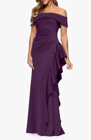 XSCAPE EVENINGS Ruffle Off-the-shoulder Scuba Knit Gown - Plum