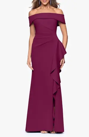 XSCAPE EVENINGS Ruffle Off-the-shoulder Scuba Knit Gown - Raisin