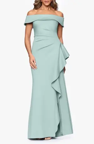 XSCAPE EVENINGS Ruffle Off-the-shoulder Scuba Knit Gown - Sage