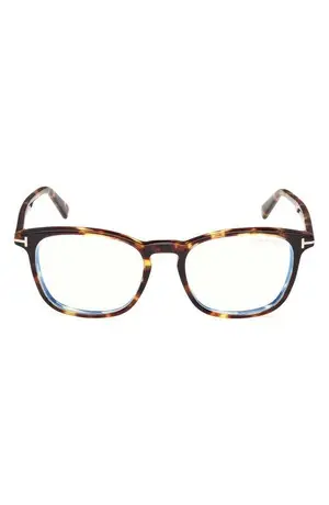 TOM FORD 52mm Square Optical Glasses - Havana / T Logo / Blue Block