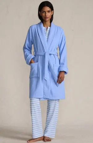 LANDS' END Cotton Terry Knee Length Spa Bath Robe - Clear Blue Sky