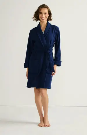 LANDS' END Cotton Terry Knee Length Spa Bath Robe - Deep Sea Navy