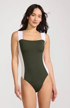 LANDS' END Square Neck High Leg One-piece Swimsuit - Rich Olive Green/white