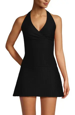 LANDS' END Textured V-Neck Halter Tankini Swimsuit Top Black