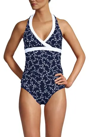 LANDS' END Textured V-neck Halter Tankini Swimsuit Top - Navy/white Flowering Vine